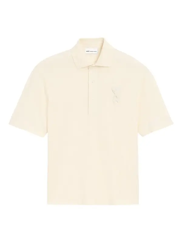 AMI Paris Cotton De Coeur Knitted Patch Polo - Beige