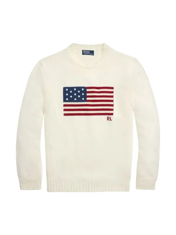 Ralph Lauren Ls Cn Flag Long Sleeve Pullover 10/1 Roving Cotton Knit - White