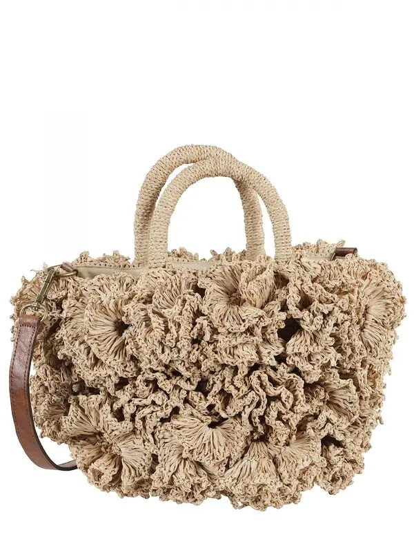 IBELIV Raffia Mini Bag With Floral Embellishments - Ecru