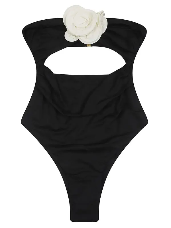 LA REVECHE Draped Cut-out Mini Dress With Floral Applique - Black