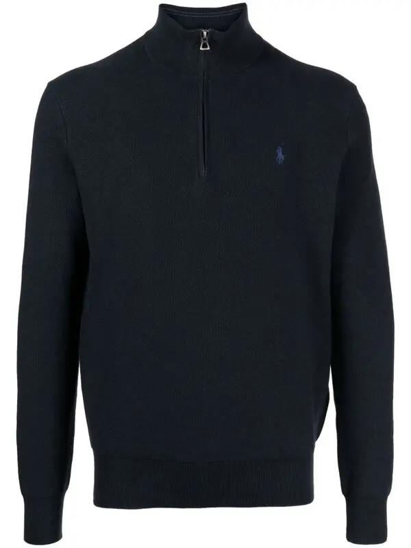 Polo Ralph Lauren High Neck Half Zip Fine Knit Polo With Signature Motif For - Blue