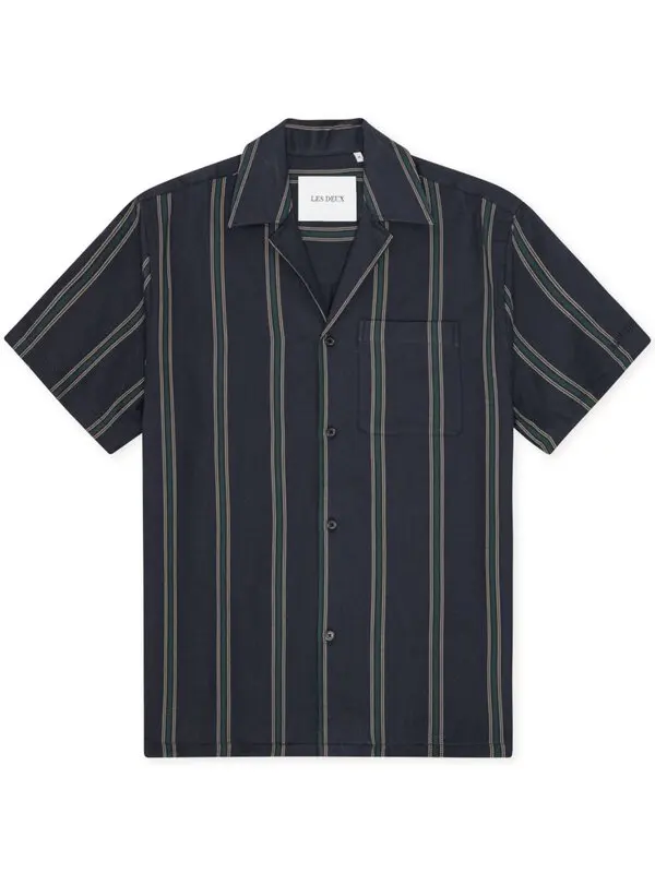 LES DEUX Short Sleeve Striped Button-up Shirt