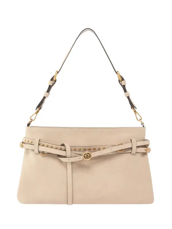 Pinko Leather Shoulder Bag With Studded Belt Detail - Beige