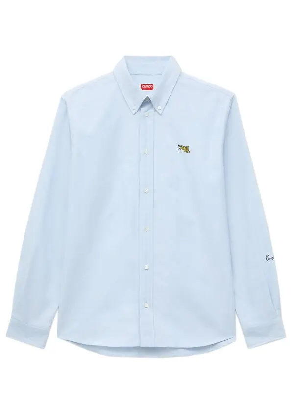 Kenzo Cotton Button-down Shirt With Chest Tiger Embroidery, Button Front & Back-neck Signature - Azzurro