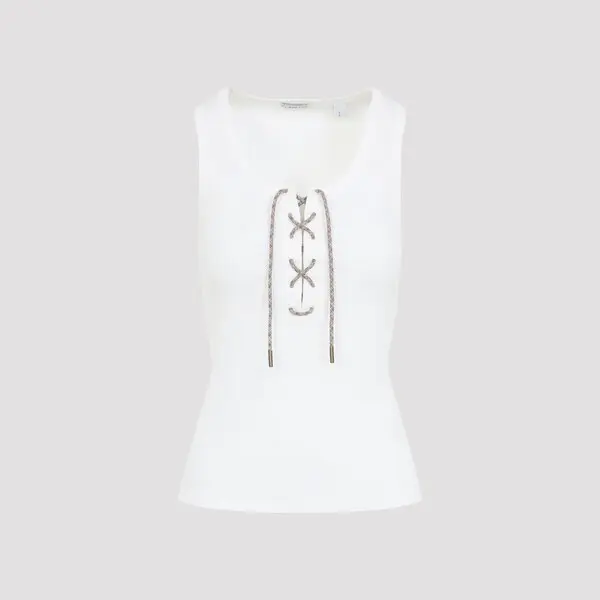 Burberry Ribbed Knit Sleeveless Fitted Tank Top With Front Check Closure - White