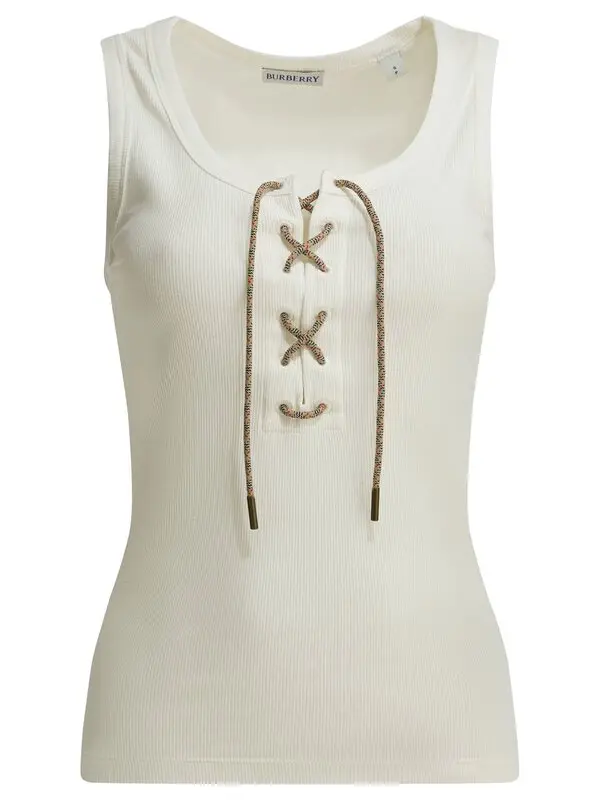 Burberry Ribbed Knit Sleeveless Tank Top With Check Front Closure - White