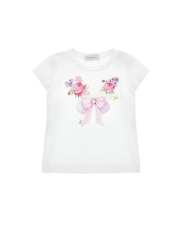 Monnalisa Butterfly Print Crewneck T-shirt - White