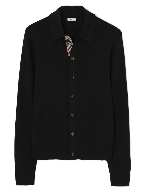 Burberry Fine-knit Wool Collared Cardigan With Check Placket - Nero