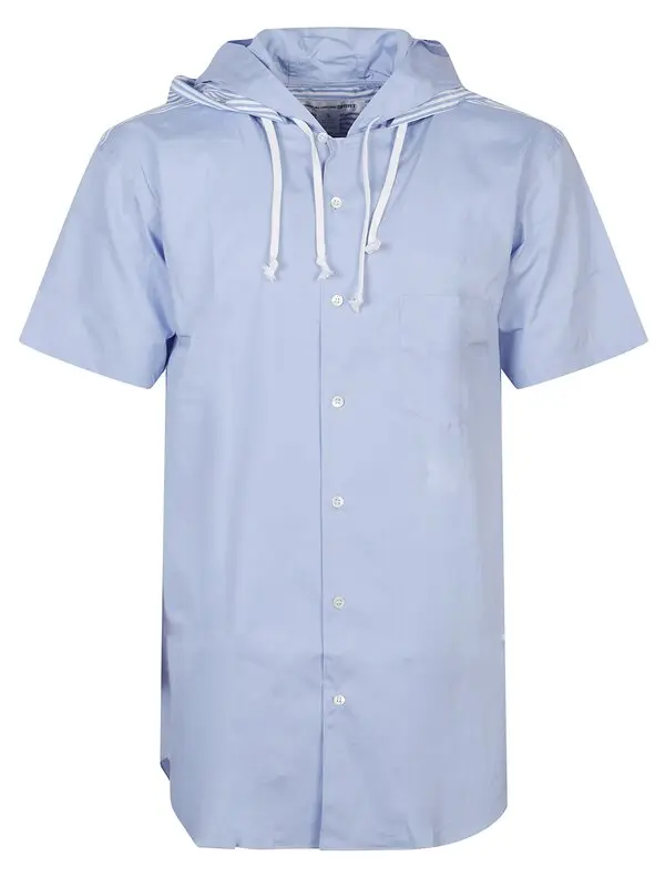 Comme Des Garçons Short Sleeve Hooded Cotton Drawstring Shirt With Chest Pocket - Navy