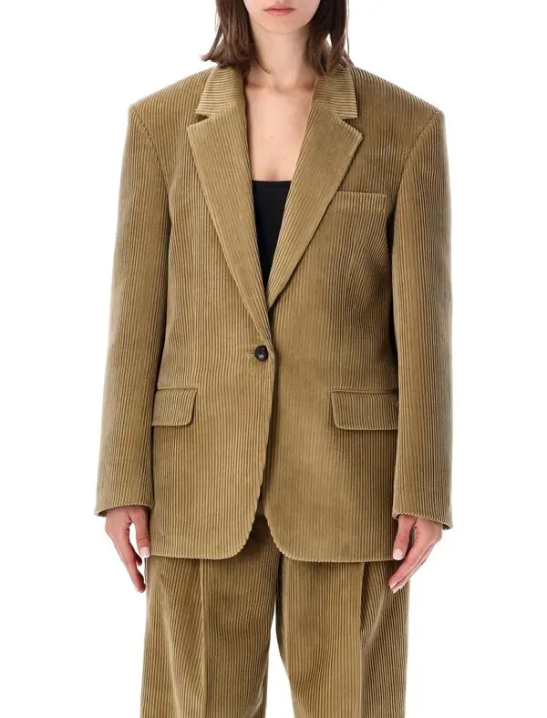 RÓHE Oversized Corduroy Blazer With Structured Shoulders And Leather Button - Beige