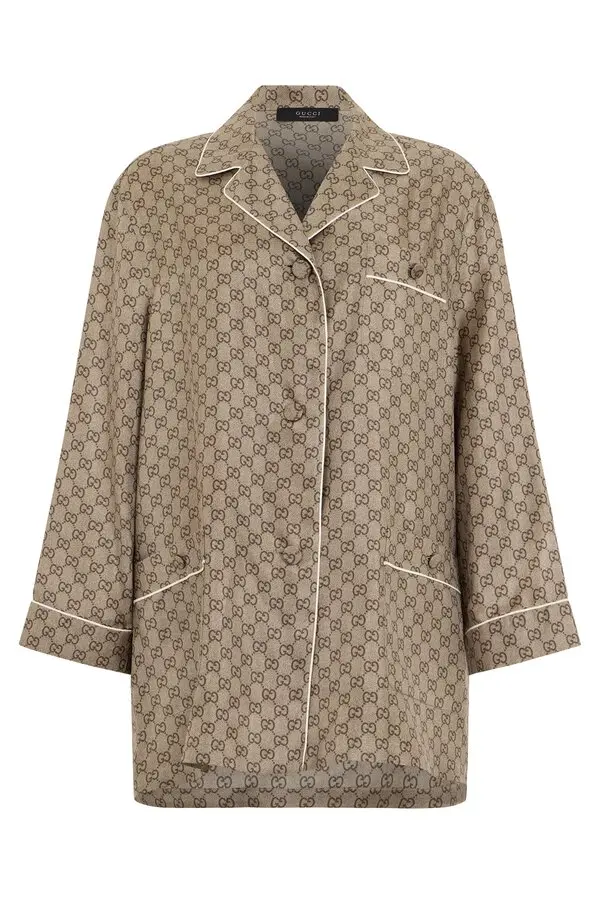 Gucci Monogram Lightweight Silk Shirt Jacket - Brown