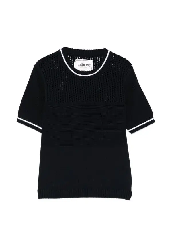 Iceberg Ribbed Hem Short Sleeve Knit Top With Contrast Trim - Navy