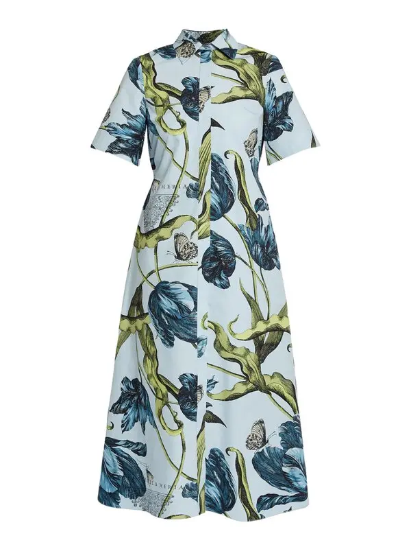 Erdem Floral Print Short Sleeve Shirt Dress - Light Blue