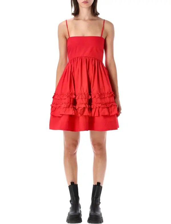 GANNI Spaghetti Strap Mini Dress With Frill Detail - Rosso
