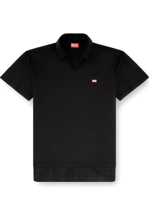 DIESEL® Checkered Flannel Collar Raw-edge V-neck Tee With Chest Transfer Label - Nero