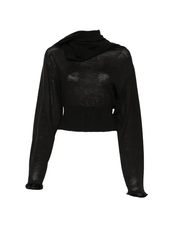Rick Owens Long-sleeve Virgin Wool Top With Neck Scarf - Nero
