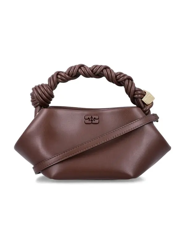 GANNI Mini Braided Handbag With Gold Dice Charm And Crossbody Strap - Marrone