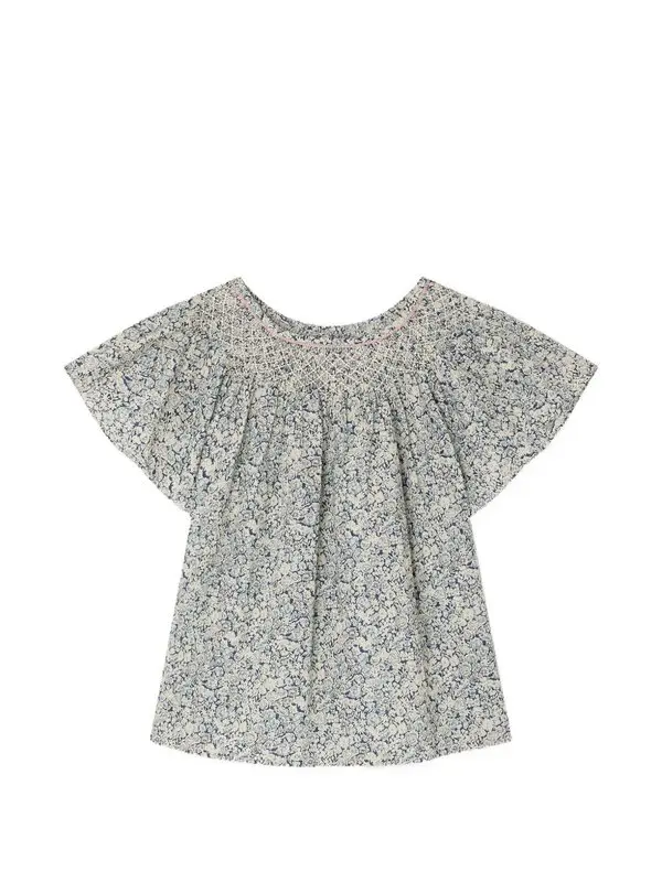 Bonpoint Floral Print Smocked Mini Top With Short Sleeves - Navy