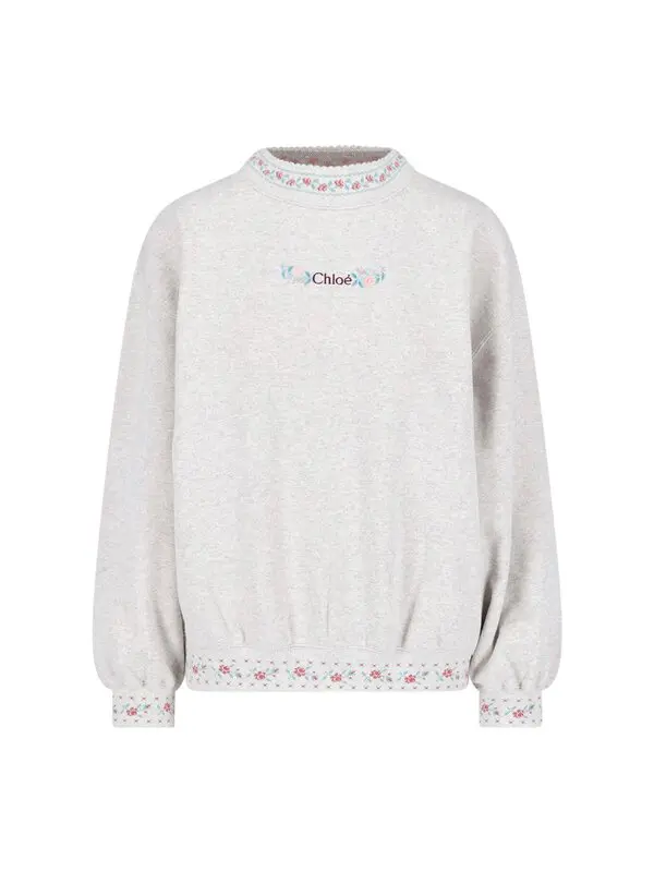 Chloé Inspired Cotton Ribbed Sweater With Embroidered Details - Grey