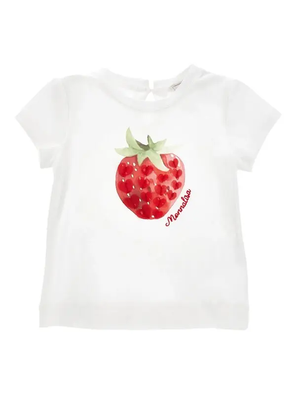 Monnalisa Short Sleeve Round Neck Top With Strawberry Print - White