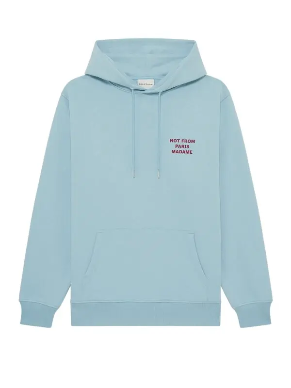 Drole De Monsieur Text Drawstring Hooded Sweatshirt With Kangaroo Pocket And Ribbed Hem - Light Blue