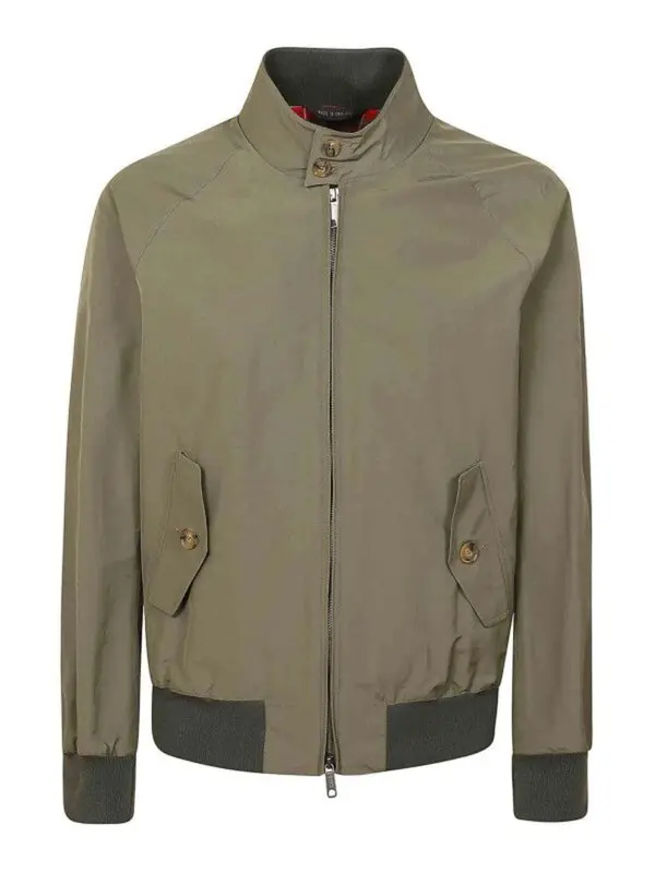 BARACUTA Cotton Blend Band Collar Zip Front Jacket - Green