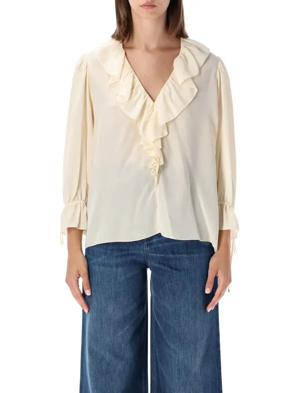 Chloé Ruffled V-neck Silk Blouse - Pristine White