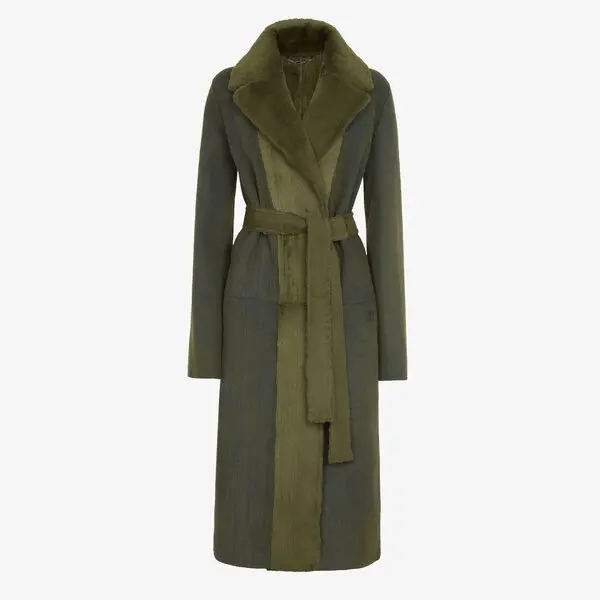 Fendi Long Wrap Coat With Peak Lapel And Belted Detail - Green