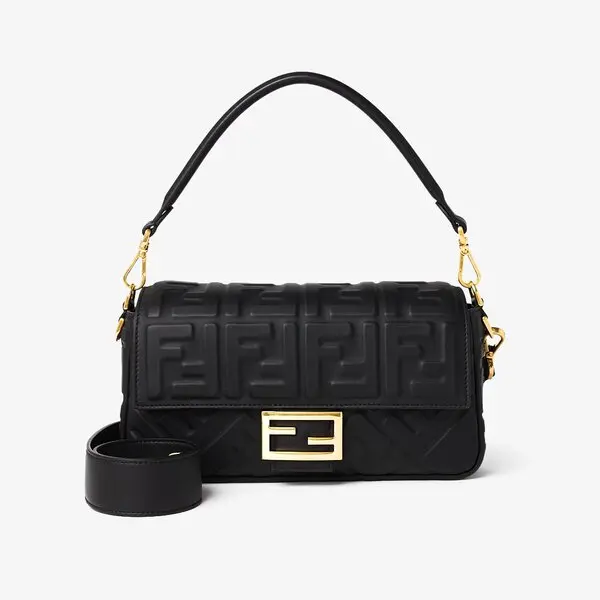 Fendi Baguette Bag In Nappa Leather With Embossed Ff Motif - Black