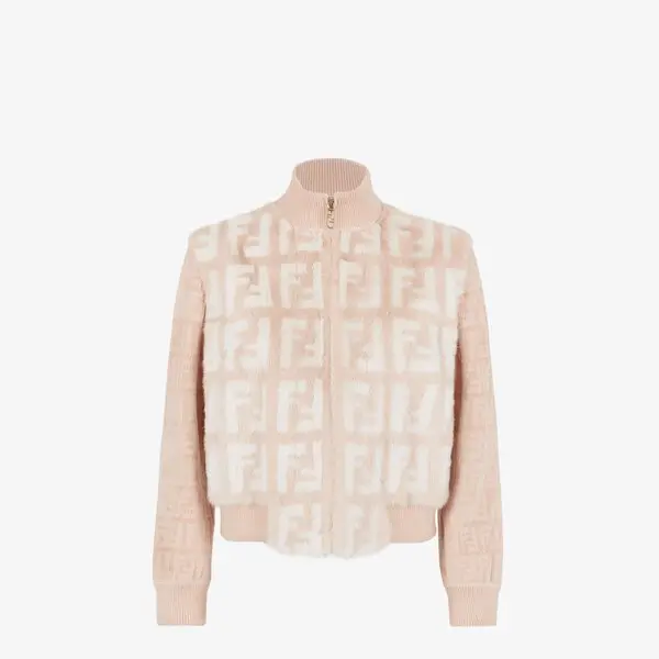 Fendi Ff Motif Velvet And Viscose Knit Bomber Jacket With Mink Insert - Pink