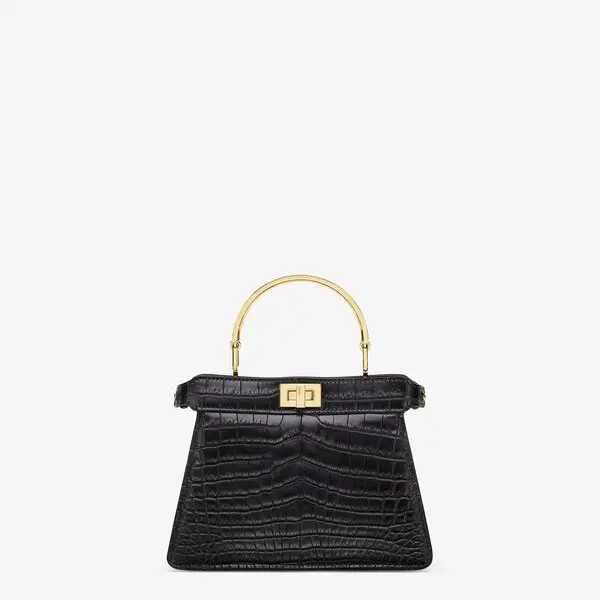 Fendi Peekaboo Iseeu Petite Crocodile Handbag With Crystal Handle - Black