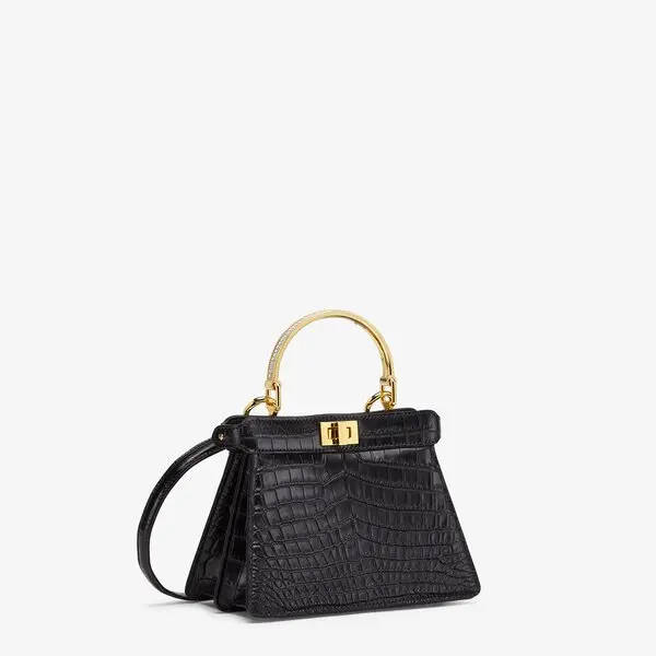 Fendi Peekaboo Iseeu Petite Crocodile Handbag With Crystal Handle - Black