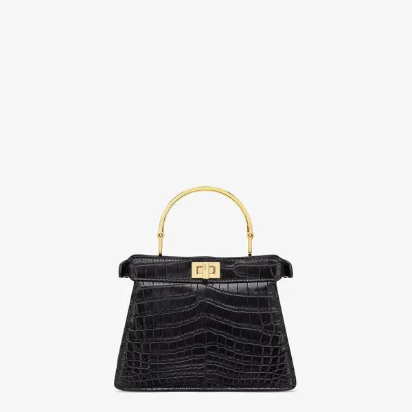 Fendi Peekaboo Iseeu Petite Crocodile Handbag With Crystal Handle - Black