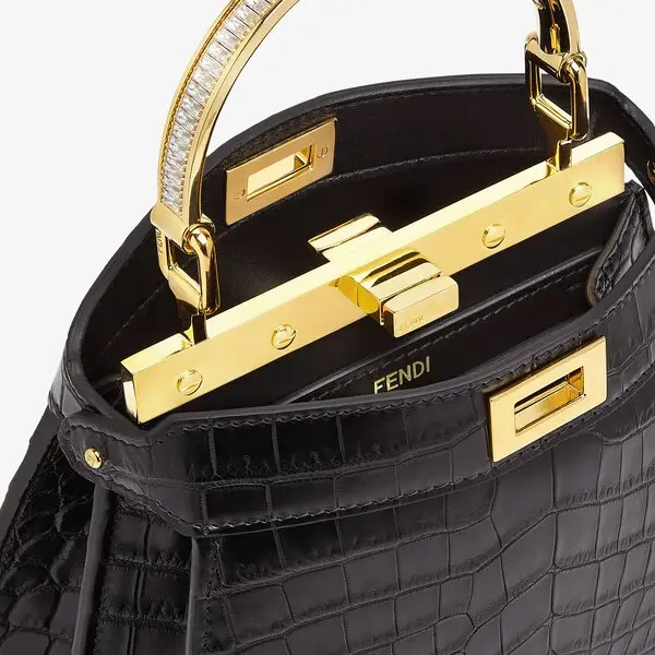 Fendi Peekaboo Iseeu Petite Crocodile Handbag With Crystal Handle - Black