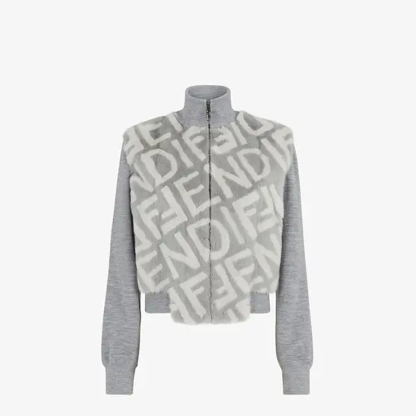 Fendi Mink Bomber Jacket With Mirror Motif - Grey