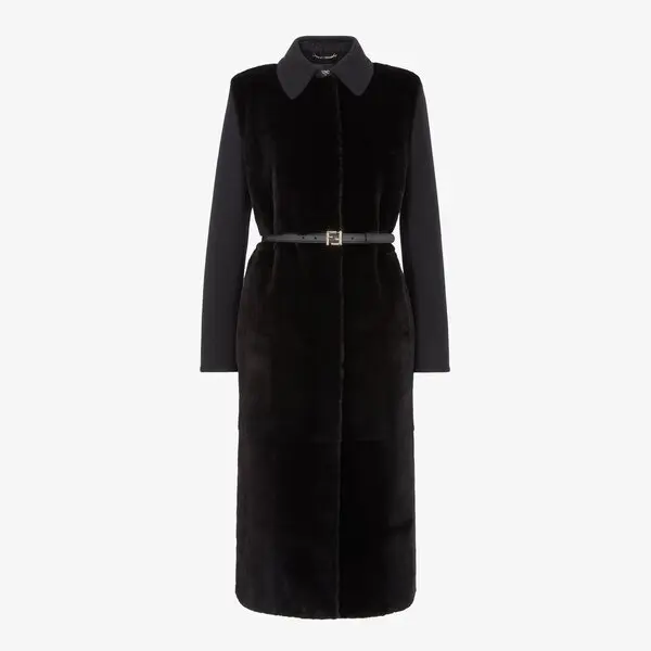 Fendi Long Single-breasted Coat With Shearling Detail - Black
