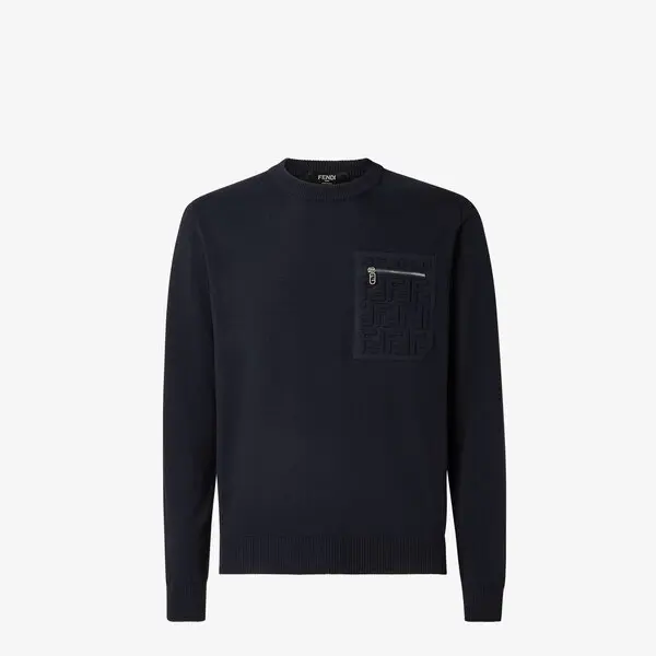 Fendi Wool Crew Neck Jumper With Zipped Pocket - Blue