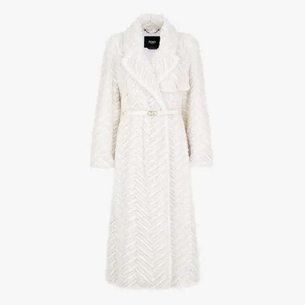 Fendi Long Chevron Motif Fur Coat With Belt