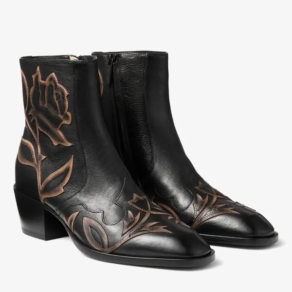 JIMMY CHOO Wilder Boot Mix Vintage Leather Ankle Boots With Rose Appliqu