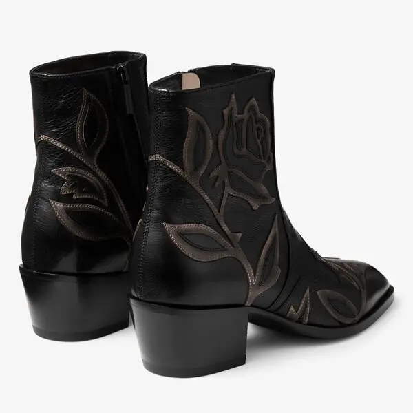 JIMMY CHOO Wilder Boot Mix Vintage Leather Ankle Boots With Rose Appliqu