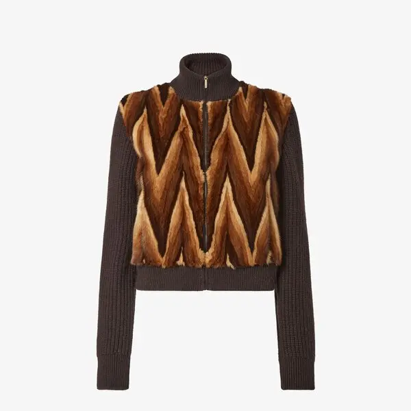 Fendi Chevron Motif Mink Bomber Jacket - Brown