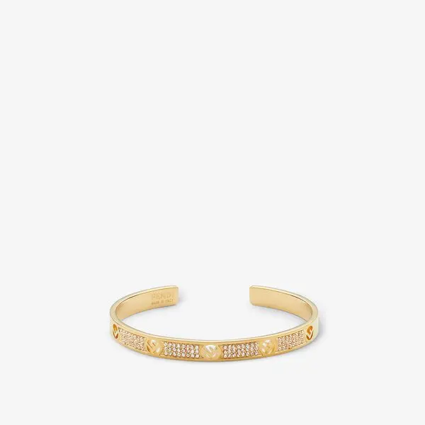Fendi Finish Metal Cuff Bracelet With F Is Logo And Crystal Embellishments - Gold