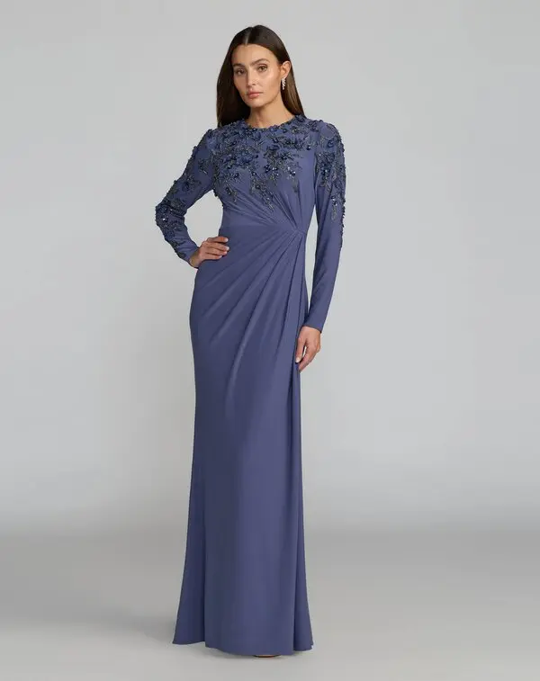 Mac Duggal Blue High Neck Long Sleeve Beaded Jersey Gown - Blue Haze