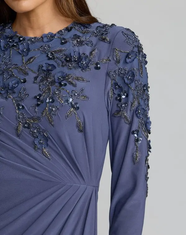 Mac Duggal Long Sleeve Beaded Floral Gown