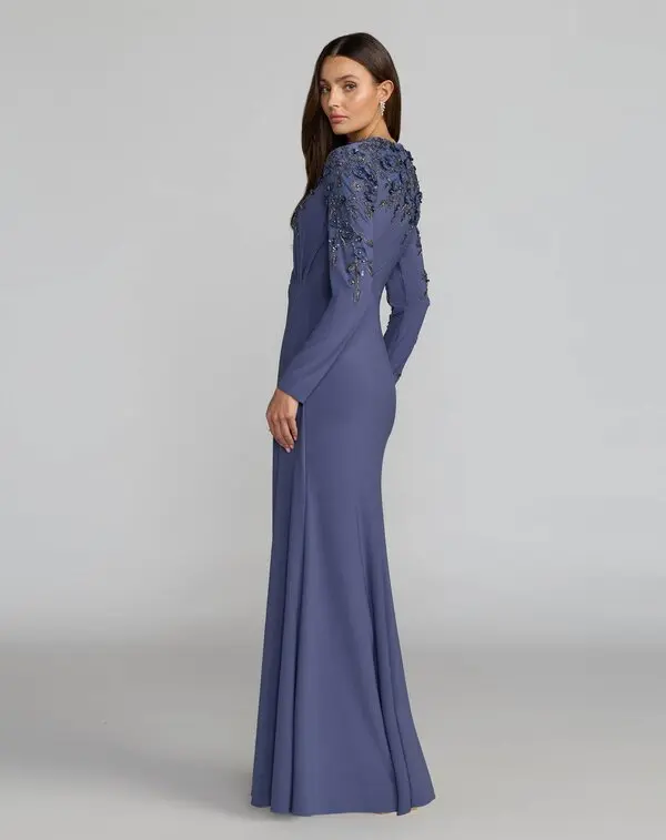 Mac Duggal Long Sleeve Beaded Floral Gown
