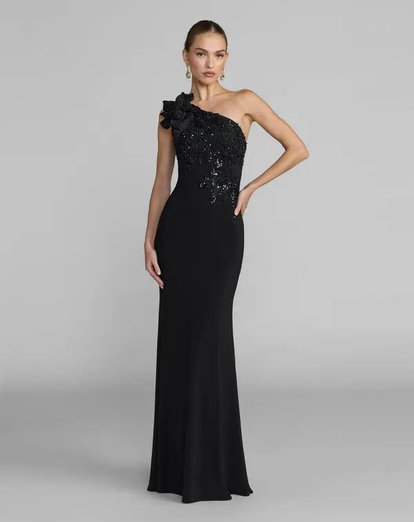 Mac Duggal Embroidered Jersey One Shoulder Gown With 3d Flower - Black