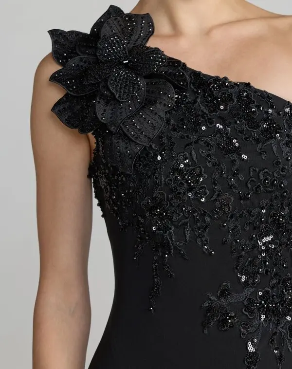Mac Duggal Embroidered One Shoulder Gown With 3d Flower Appliqu