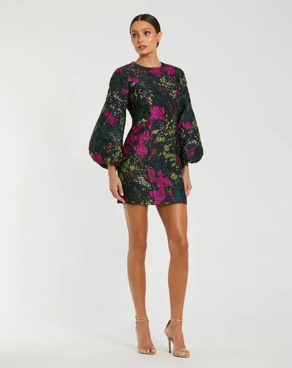 Mac Duggal Floral Brocade Puff Sleeve Mini Dress