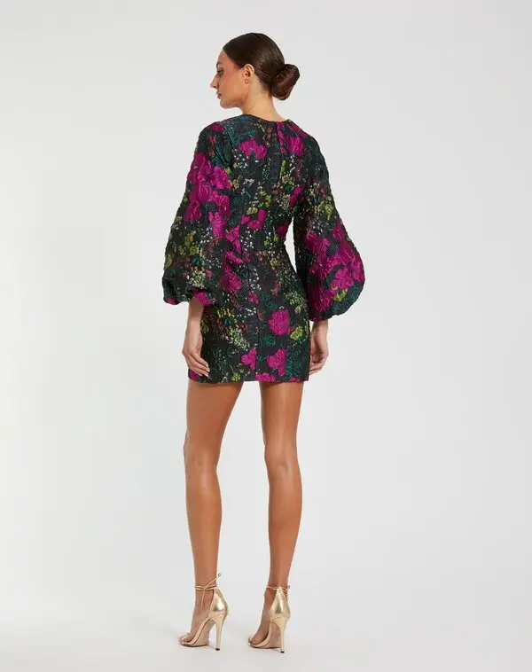 Mac Duggal Floral Brocade Puff Sleeve Mini Dress