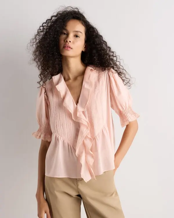 Quince Organic Cotton Voile Short Sleeve Peasant Blouse - Ballet Slipper
